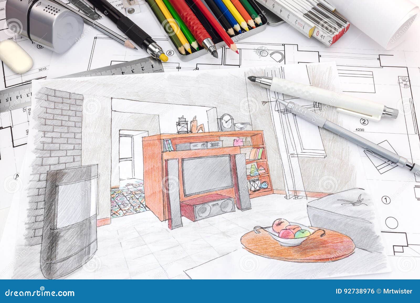 Designers Drawing Tools on Colored Sketch of a Living Room Stock ...