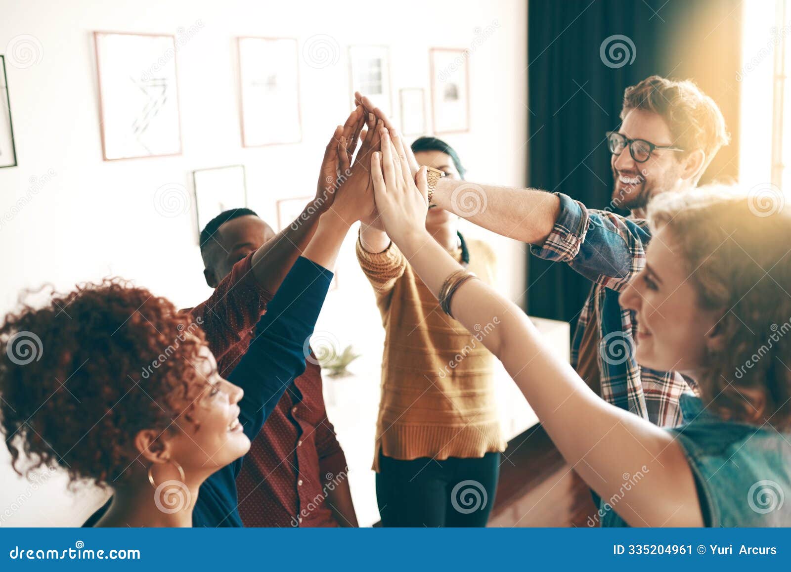 Designers, High Five and Happy in Studio for Support, Teamwork and ...