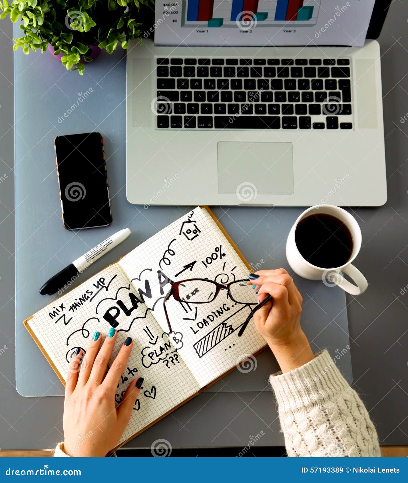 Designers Table with Notes and Tools, Above Stock Image - Image of ...