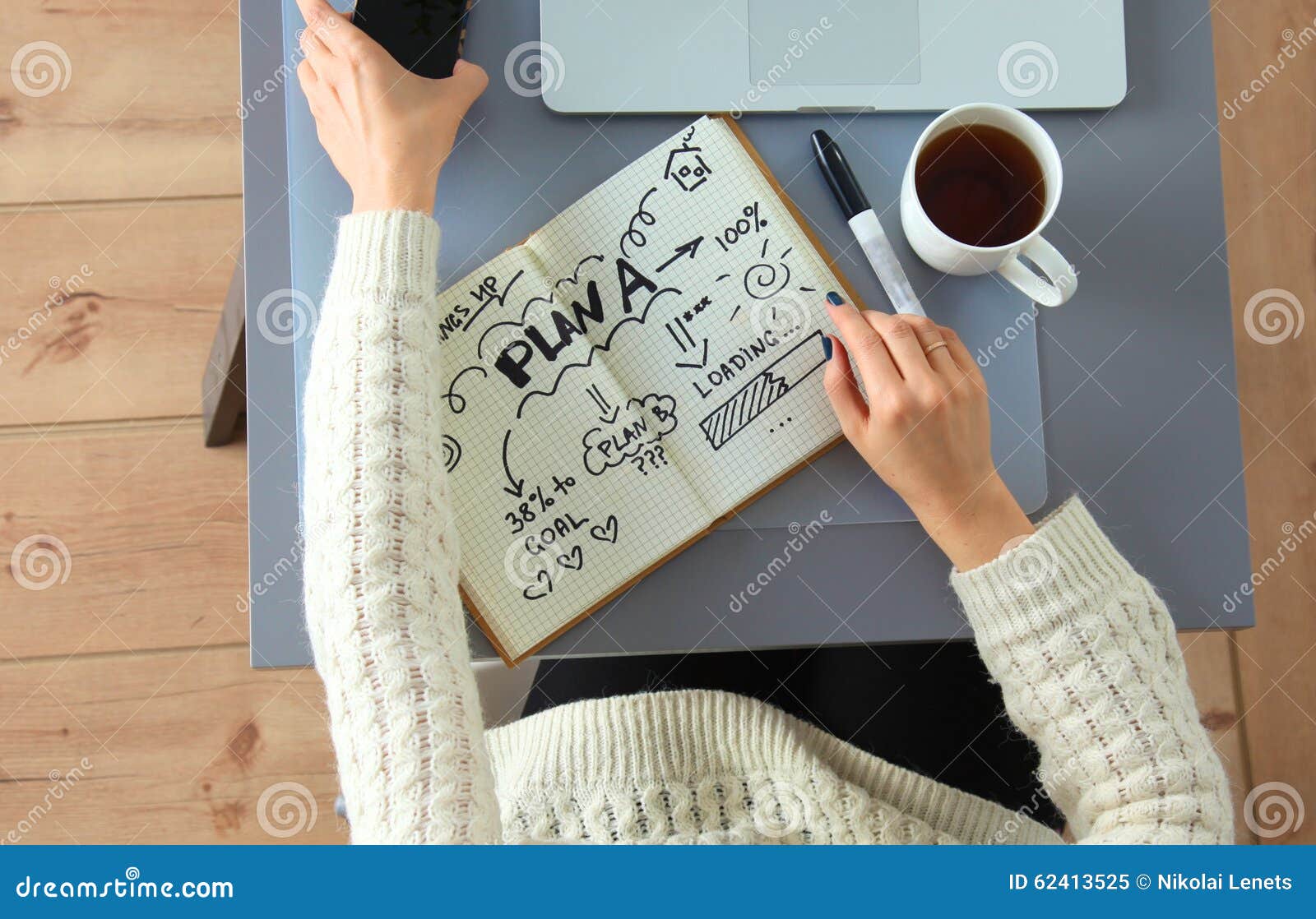Designers Table with Notes and Tools, Above Stock Image - Image of ...