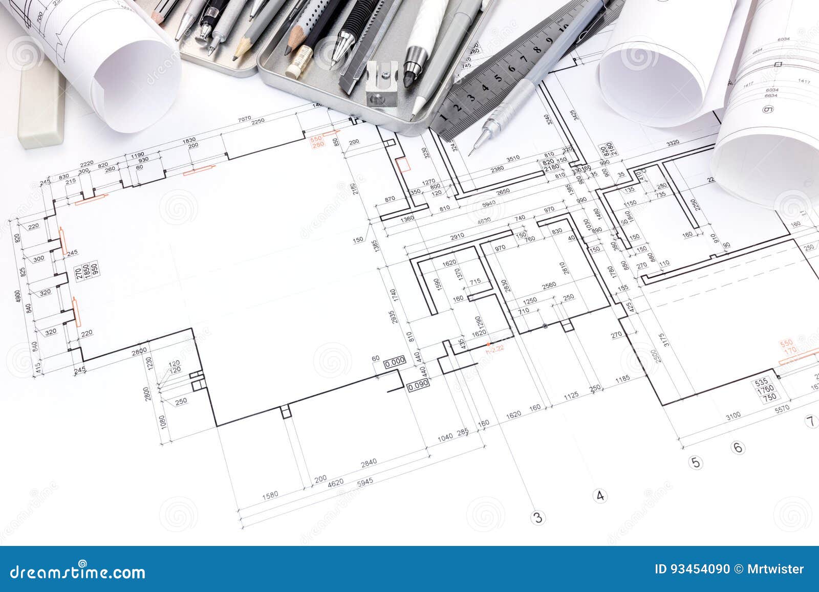 Designers Workplace with Drawing Tools and Floor Plan Stock Photo ...