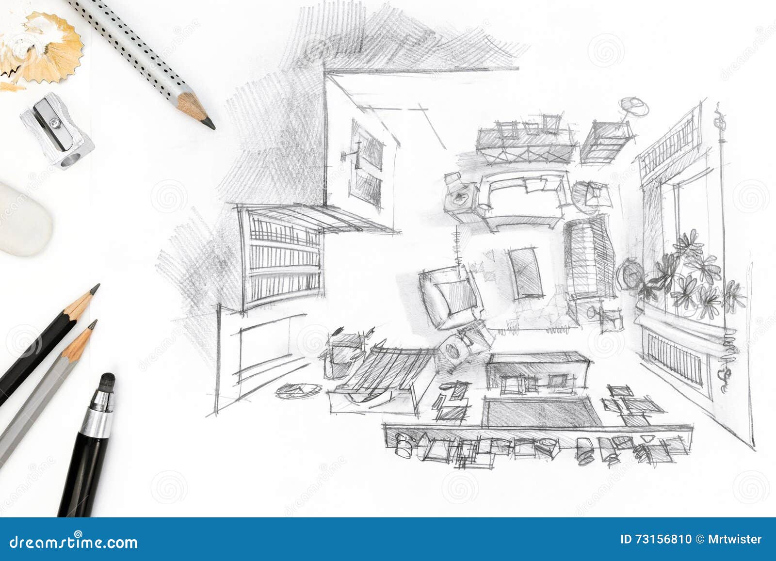 Designers Workplace with Graphical Sketch of Living Room Stock Photo ...