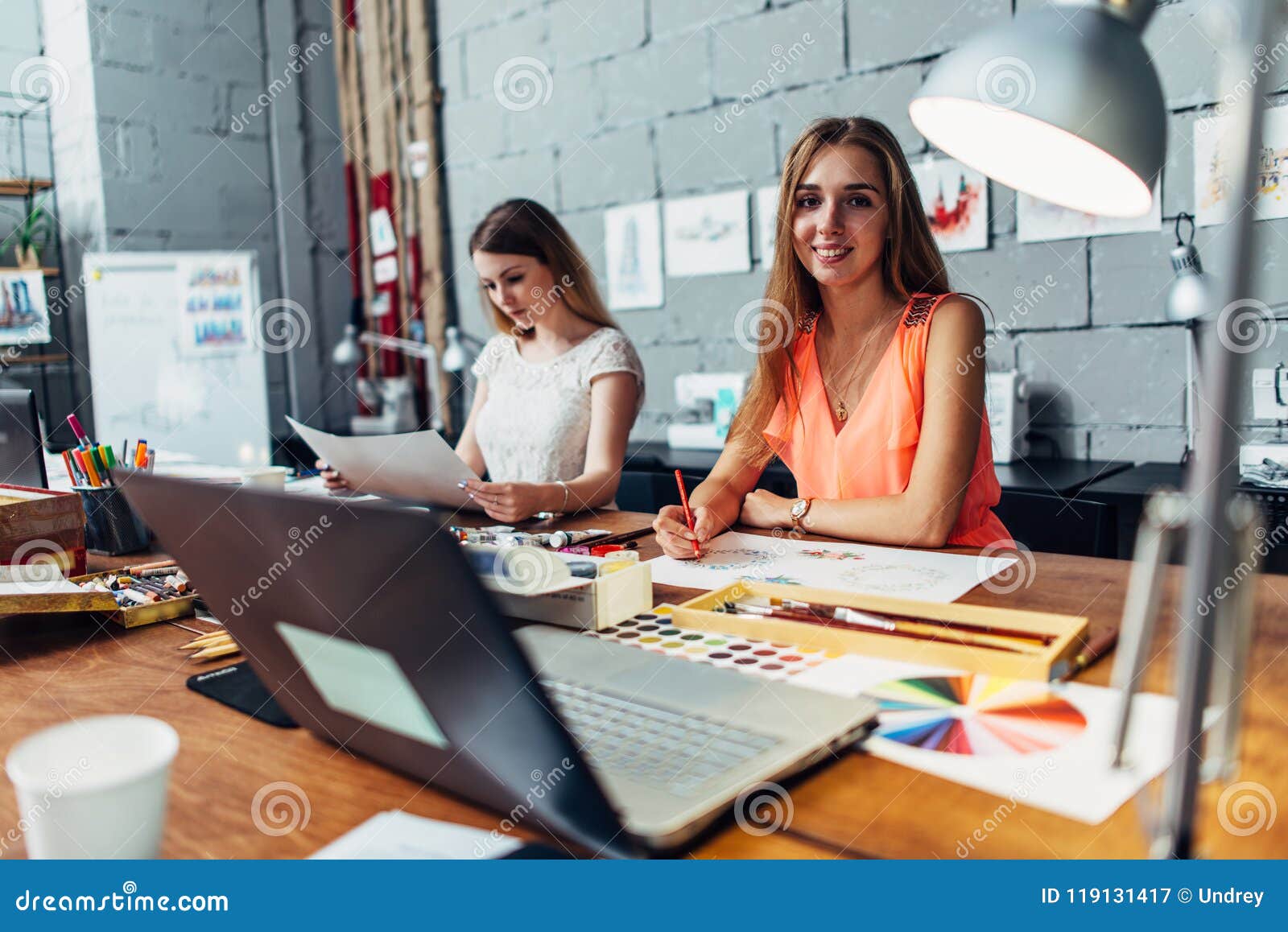 Designers Workspace. Two Female Artists Drawing Decorative Elements ...