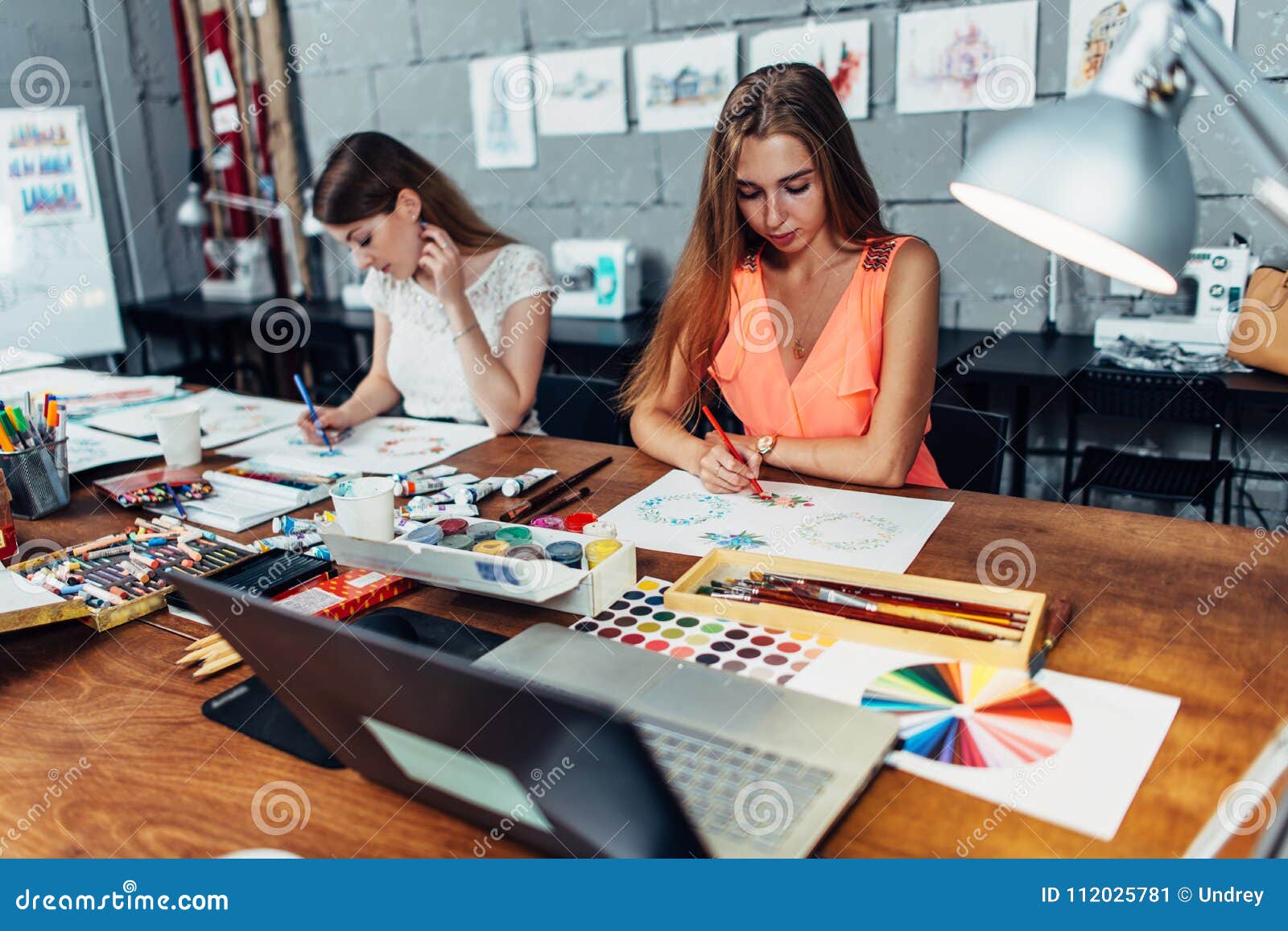 Designers Workspace. Two Female Artists Drawing Decorative Elements ...