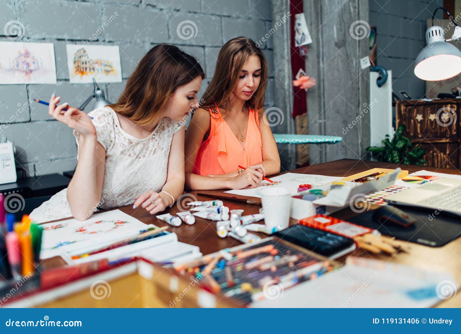 Designers Workspace. Two Female Artists Drawing Decorative Elements ...