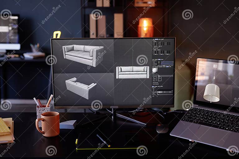 Designing 3D Furniture Models on Computer Screens Stock Image - Image ...