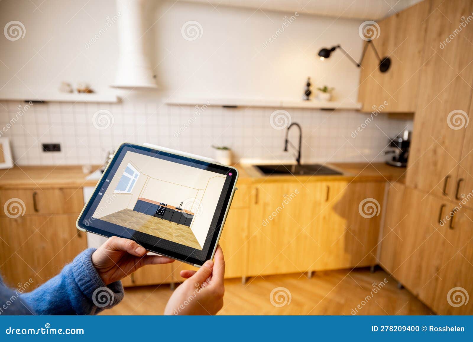 Designing Kitchen Space with a Digital Tablet Stock Photo - Image of ...