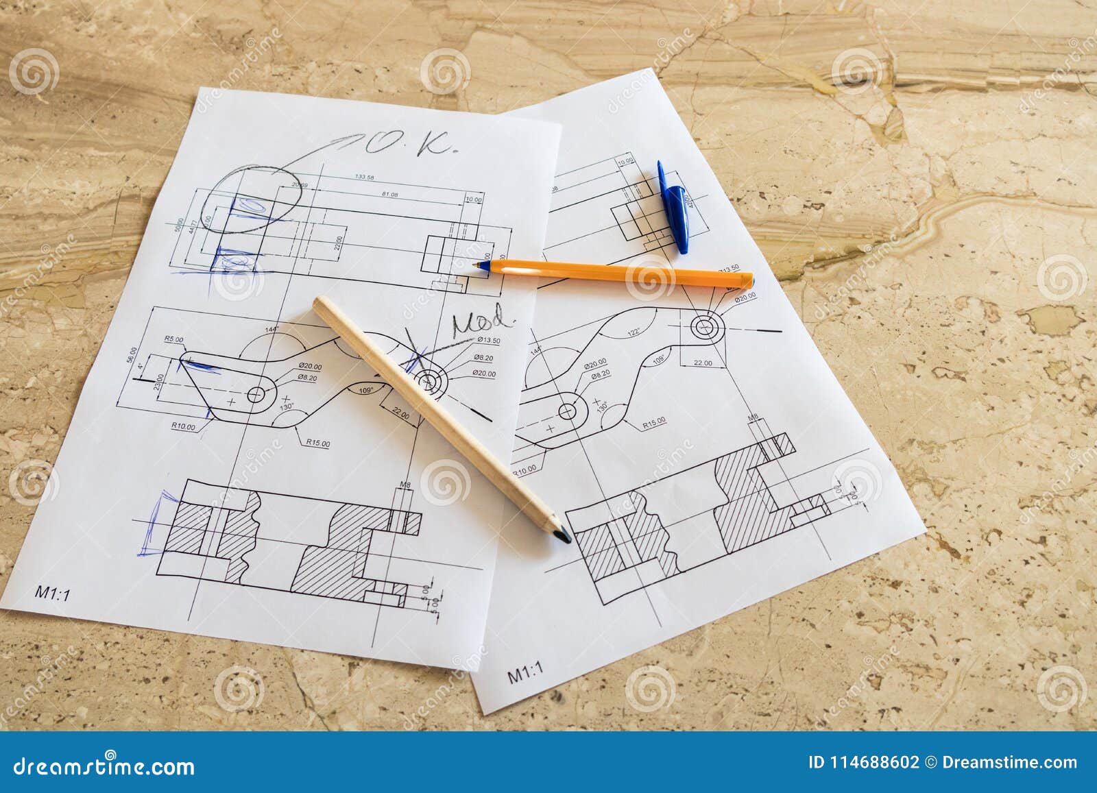 Designing Mechanical Parts Draft on Stone Table Stock Photo - Image of ...