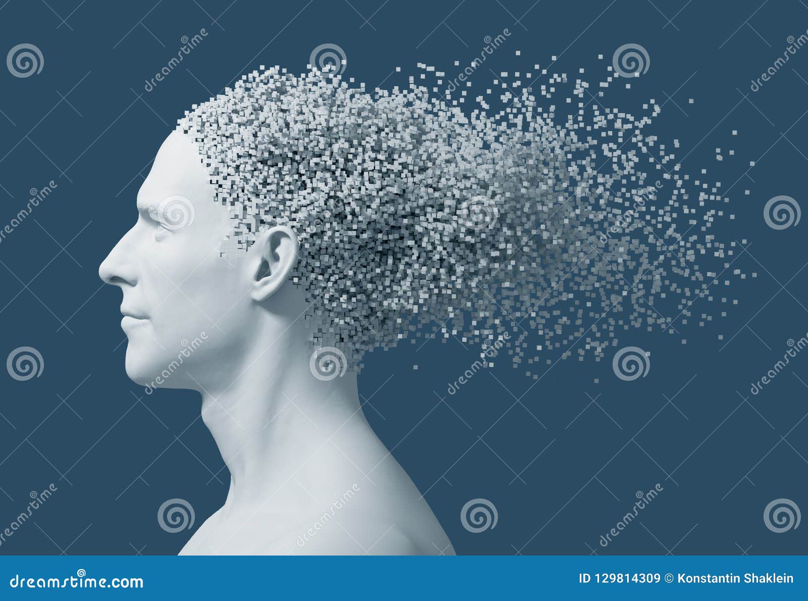 Desintegration on 3D Pixels of Man`s Head on Blue Background Stock ...