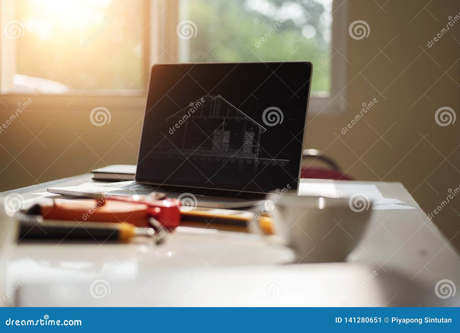 Desk of Architects Engineer with a Blueprint on Table in the Office ...