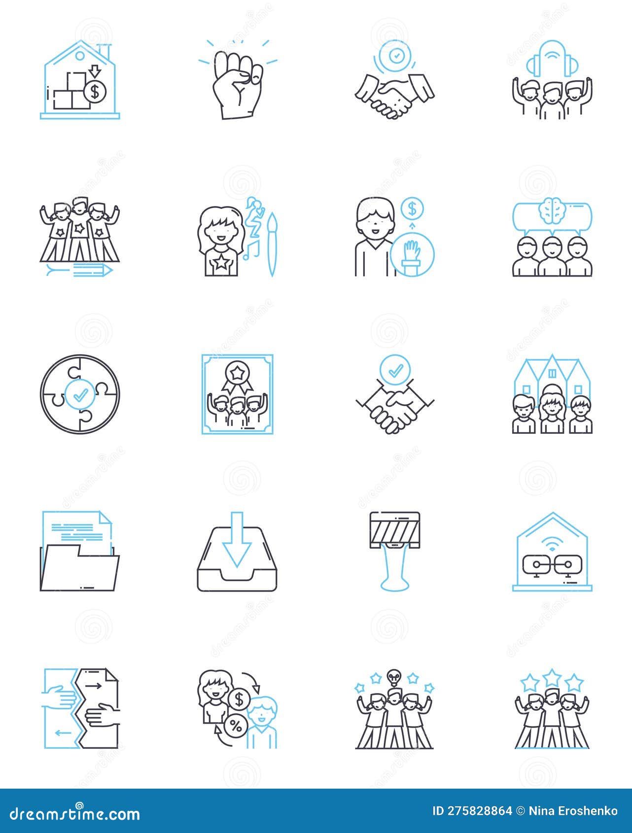 Desk Area Linear Icons Set. Workspace, Table, Computer, Statiry ...