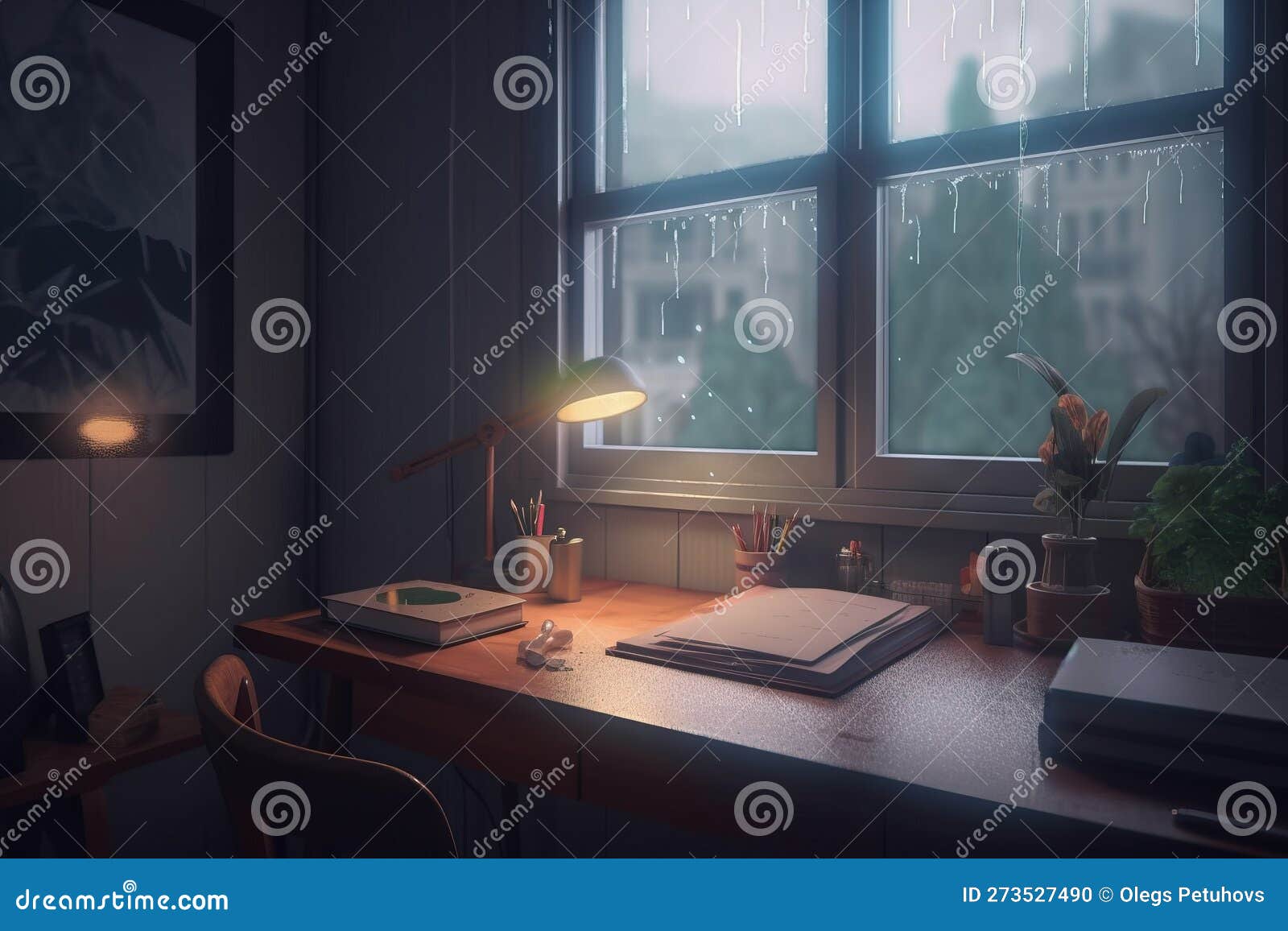 A Desk with a Book and a Lamp on it in Front of a Window with Rain ...