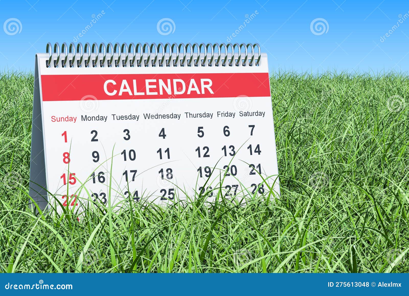 Desk Calendar on the Green Grass Against Blue Sky, 3D Stock ...