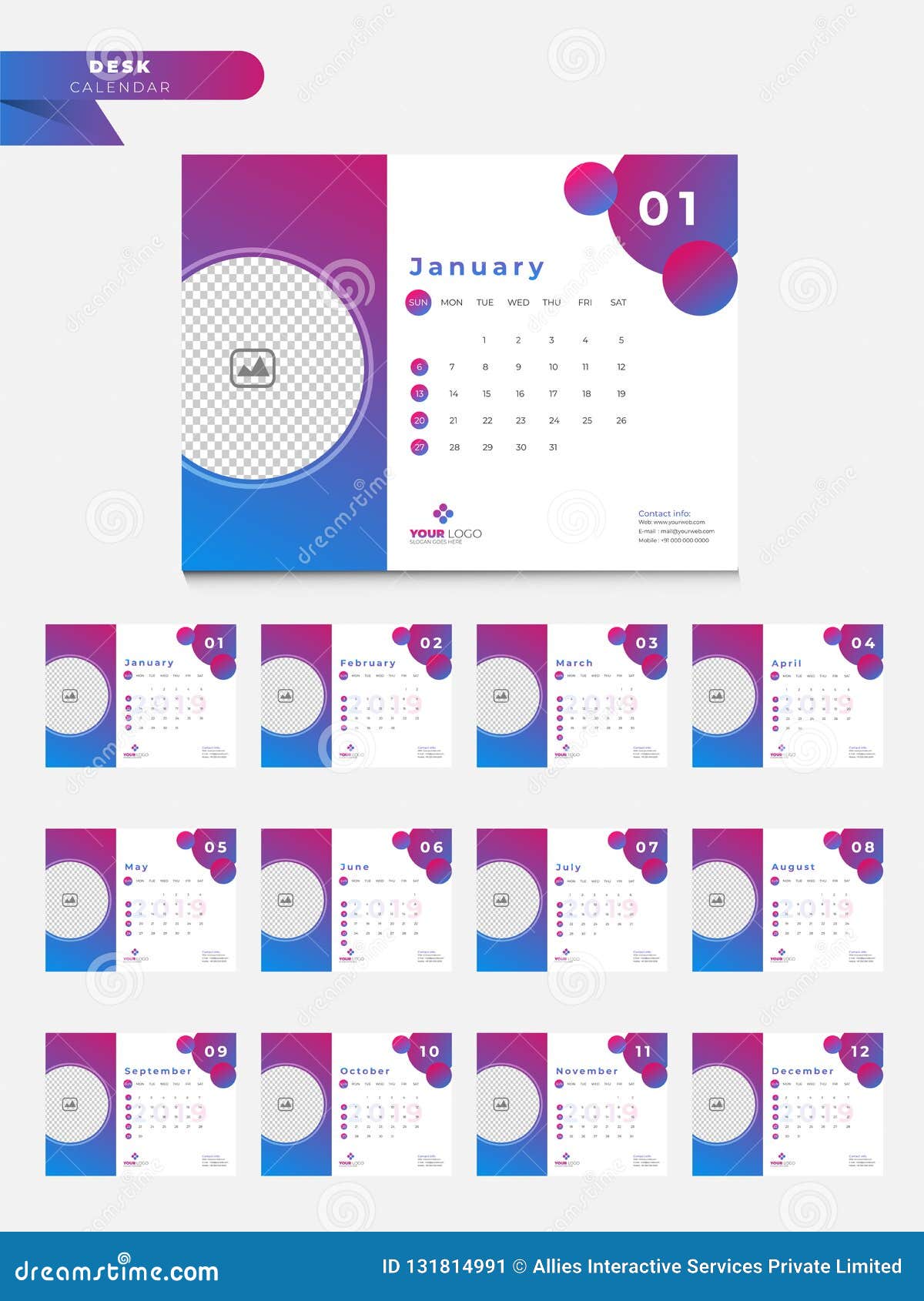 Desk Calendar Layout, Complete Set of 12 Months with Abstract Elements ...