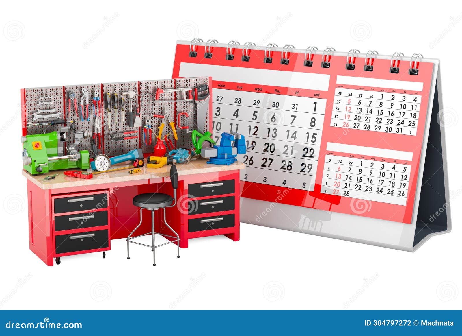 Desk Calendar with Maintenance Work Table Full of Construction Tools ...