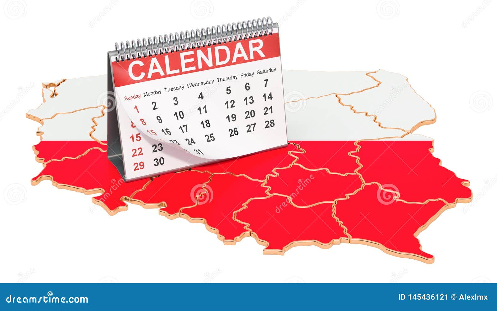 Desk Calendar on the Map of Poland. 3D Rendering Stock Illustration ...