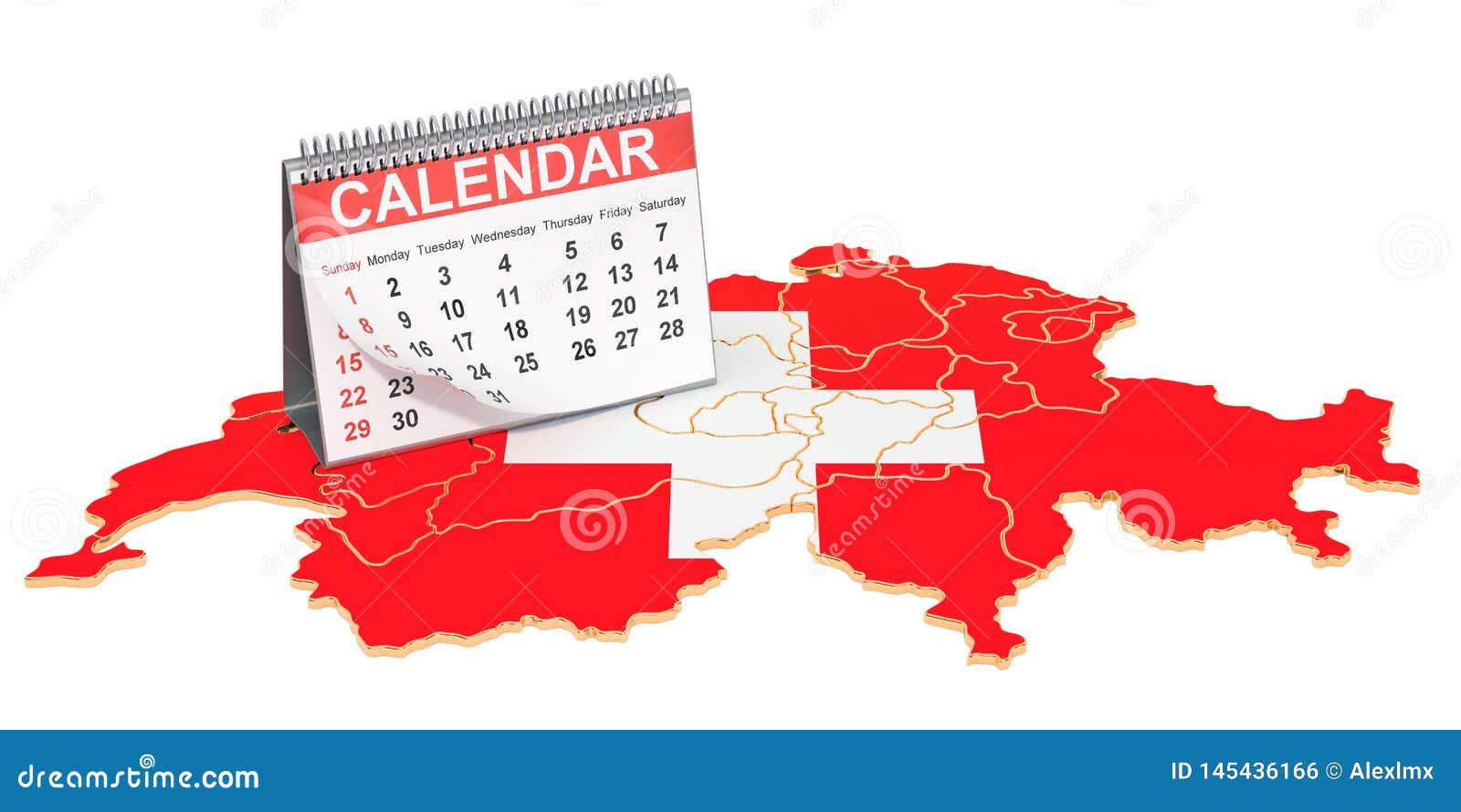 Desk Calendar on the Map of Switzerland. 3D Rendering Stock ...