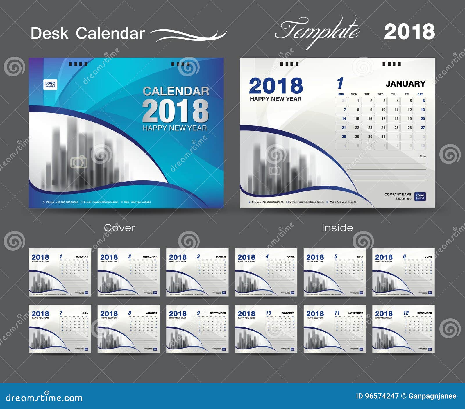 Desk Calendar 2018 Template Design, Blue Cover, Set of 12 Months Stock ...