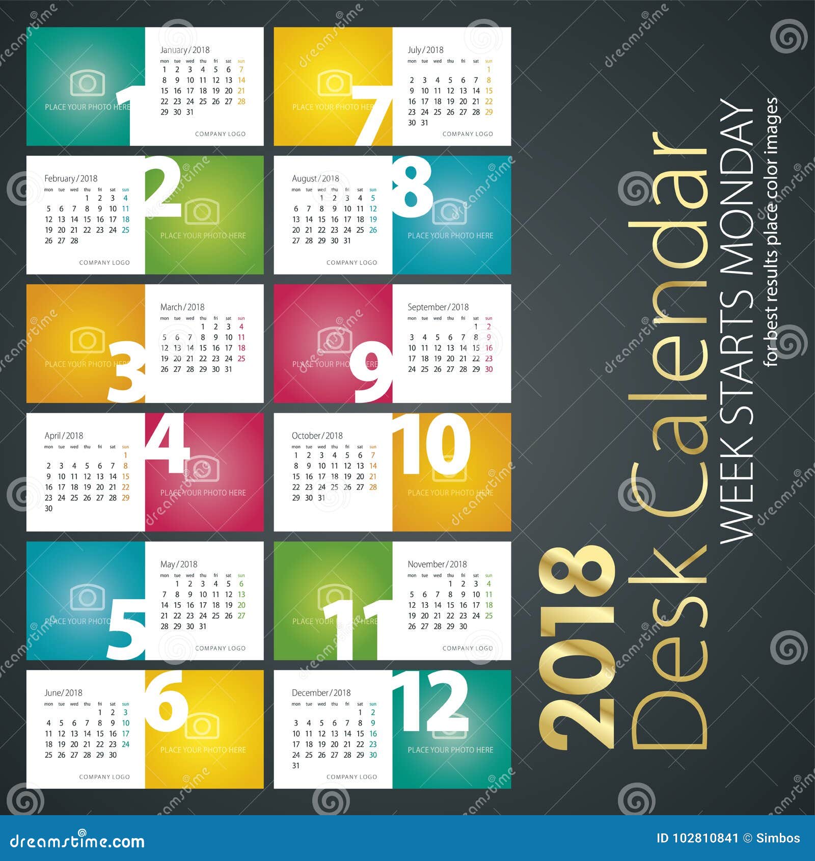 Desk Calendar 2018 Week Starts Monday Color Background Stock Vector ...