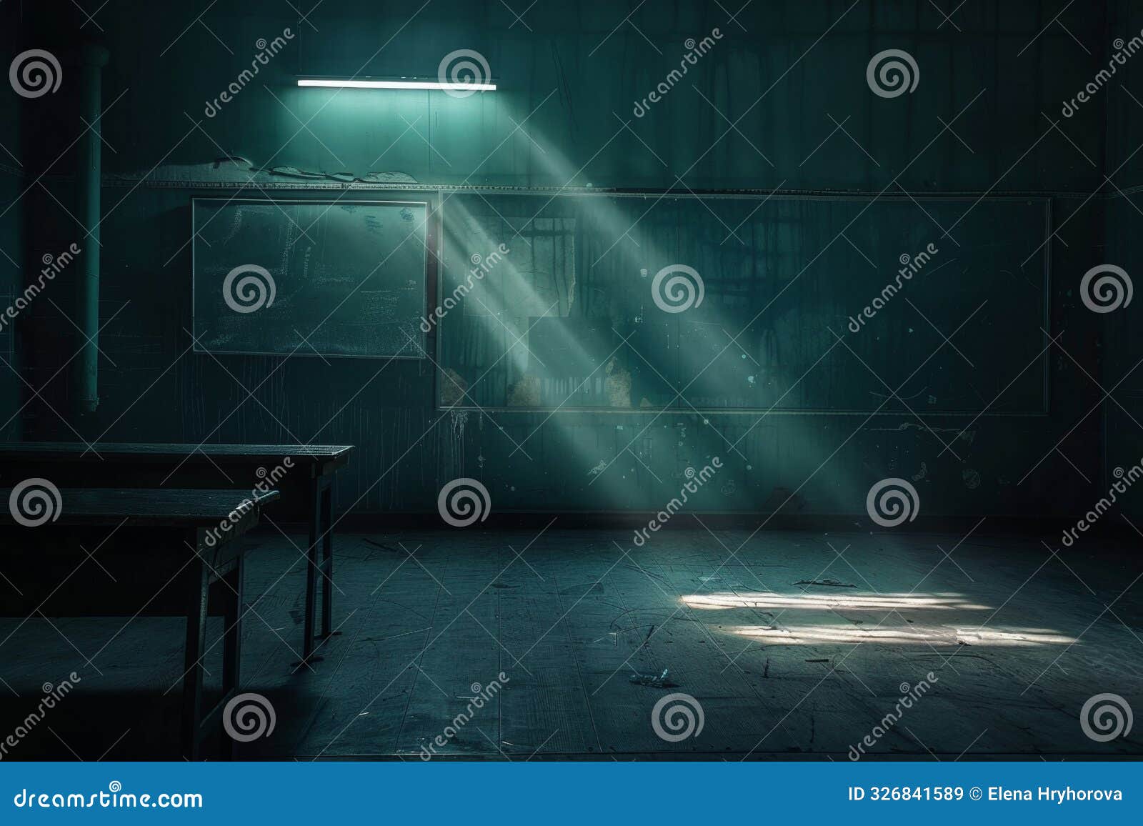 Desk and Chair Under a Single Light in a Dark Room, Symbolizing ...