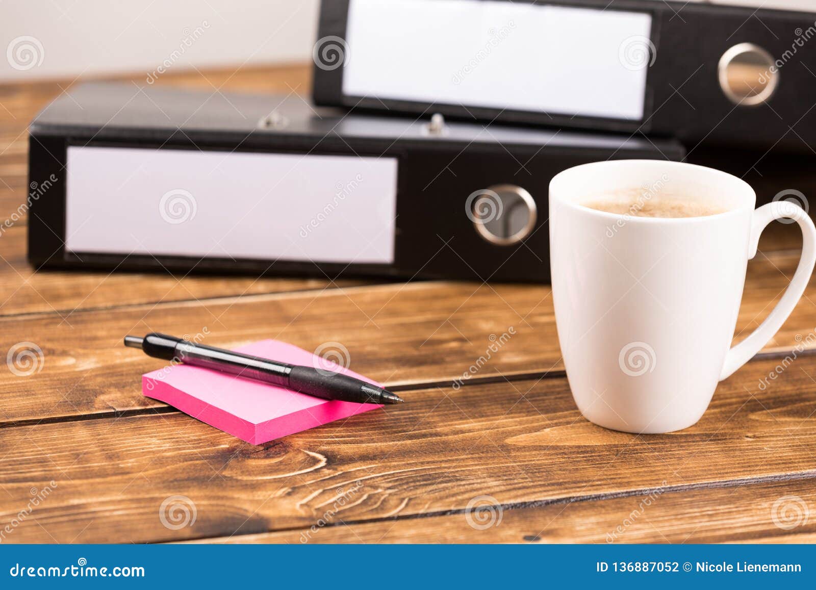 Desk with Coffee Cup, Folder, Paper and Pen Stock Photo - Image of ...