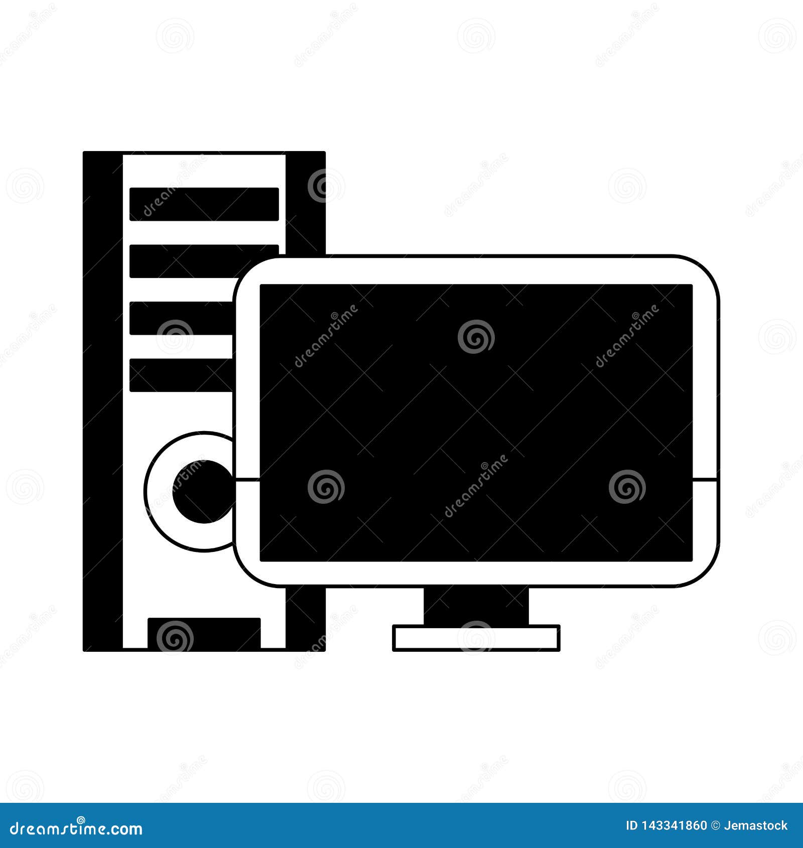 Desk Computer with Cpu in Black and White Stock Vector - Illustration ...
