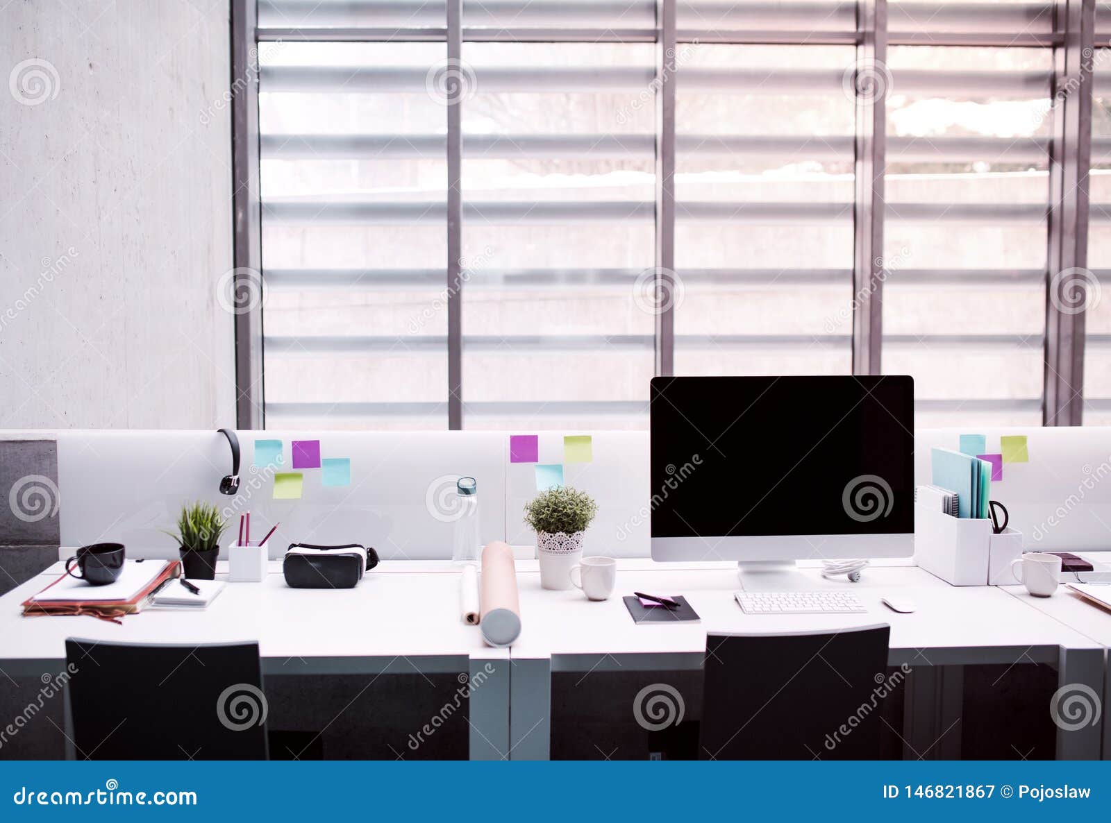 Desk with Computer in Interior of Modern Spacious Office. Stock Image ...