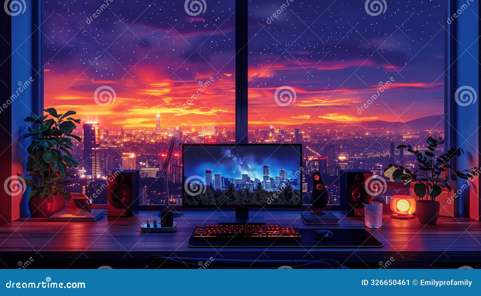Modern Desk Setup with Cityscape View at Sunset Stock Image - Image of ...