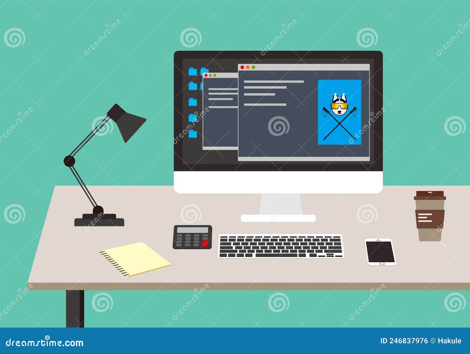 Working Place, Computer and Other Things on the Desk, Vector ...