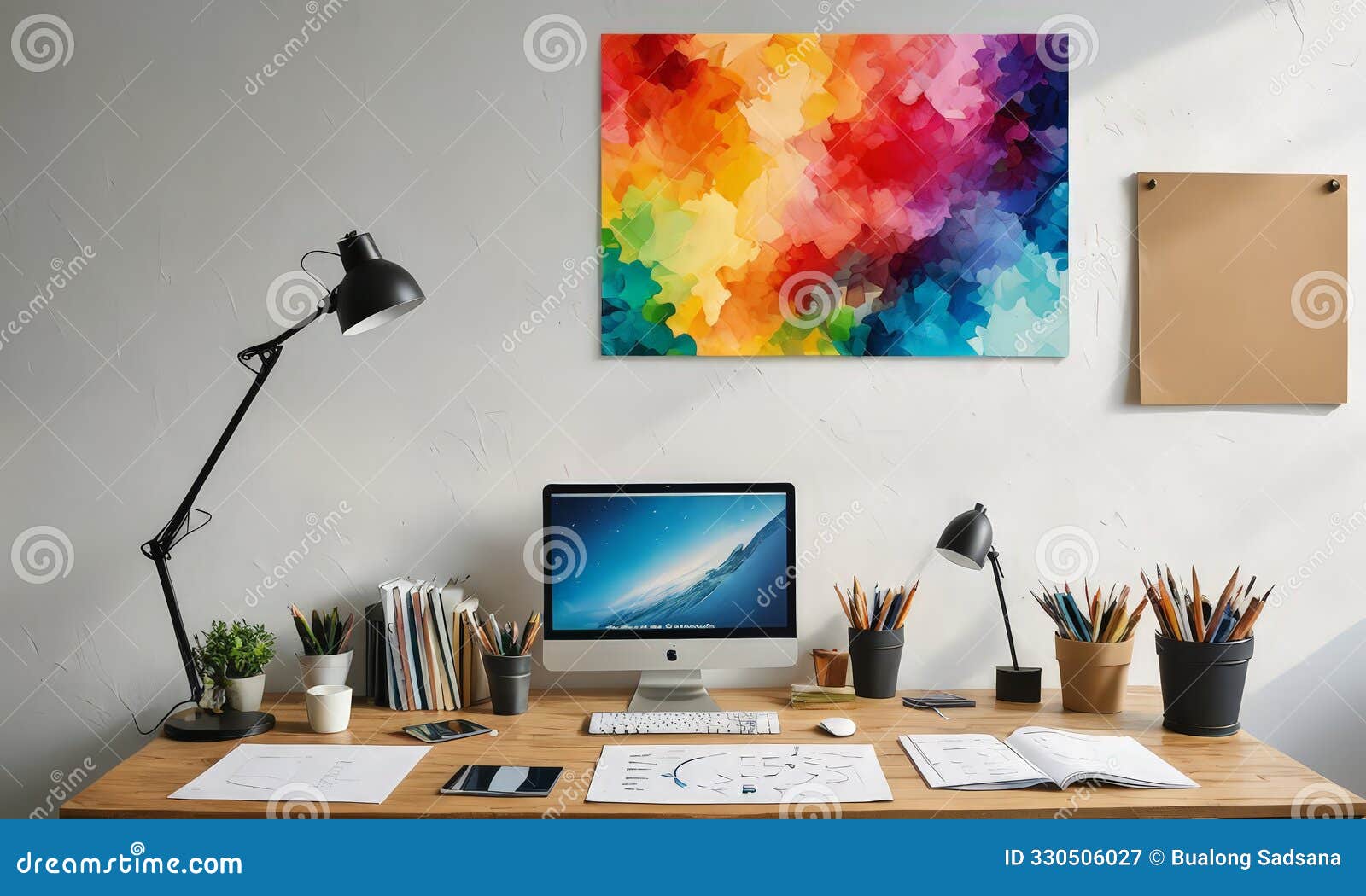 Desk with Computer and Painting on the Wall Stock Illustration ...