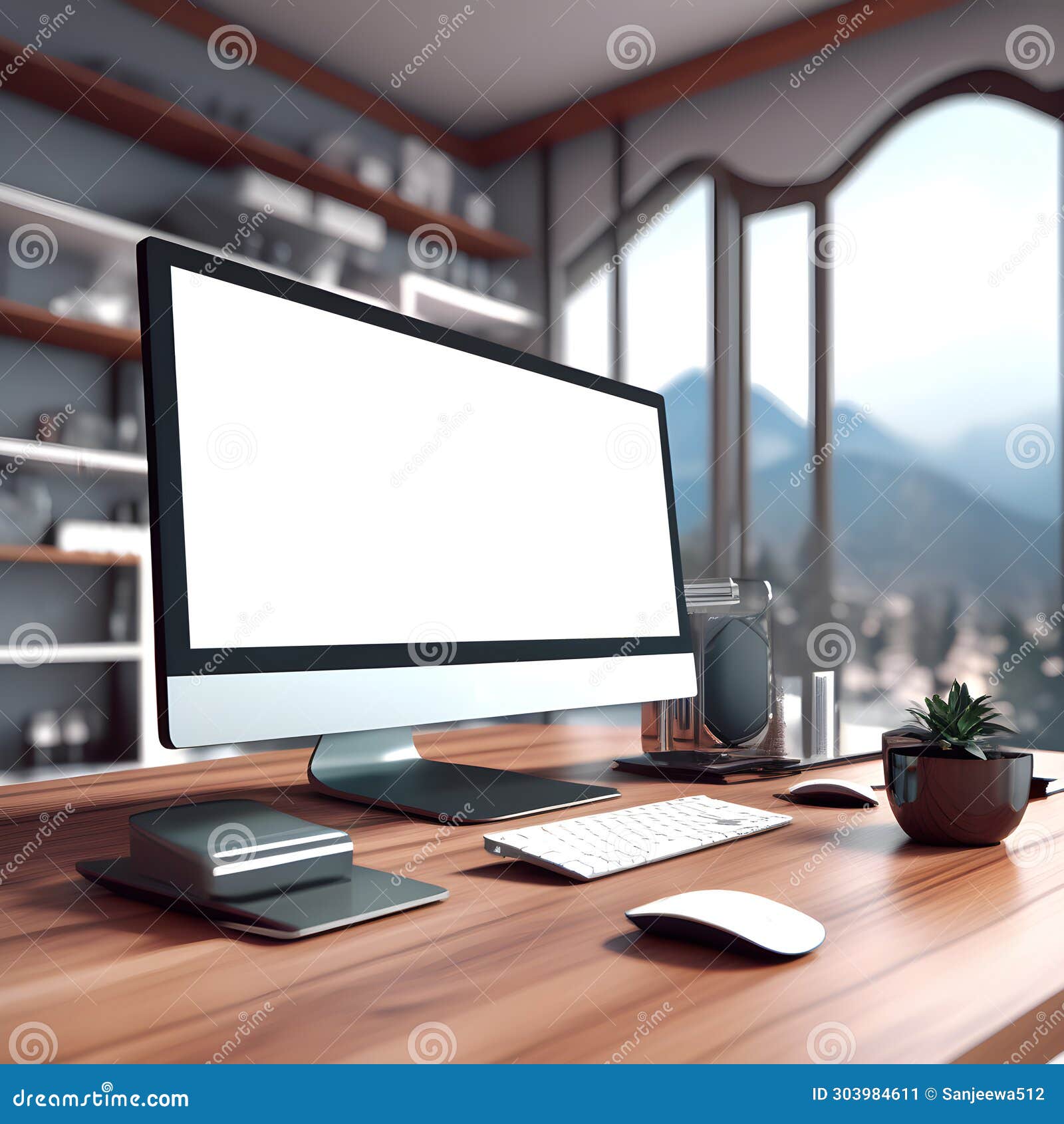 Desk with Computer in the Room Stock Illustration - Illustration of ...