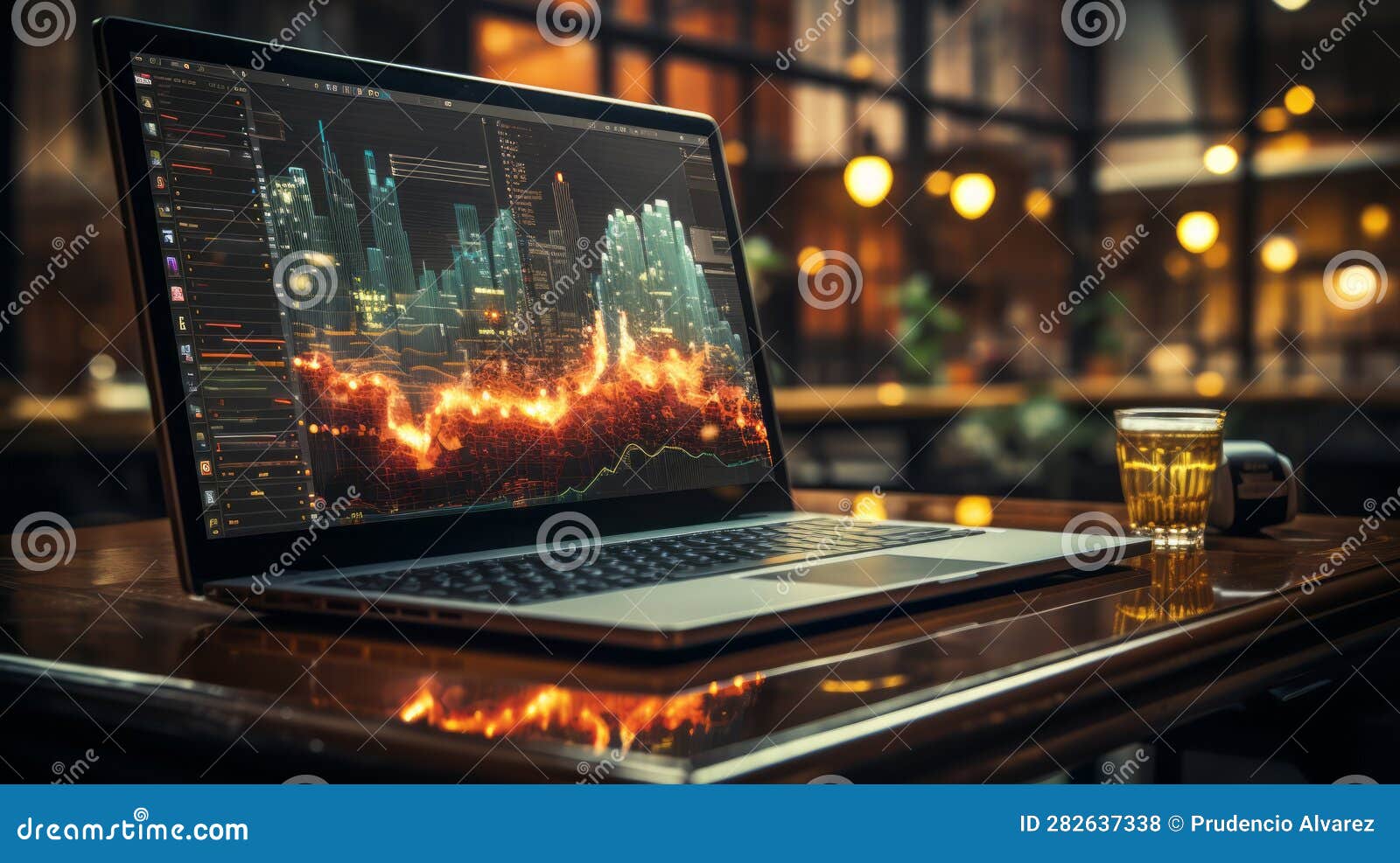 Computer with Screen with Graphics, Economy Background Stock ...