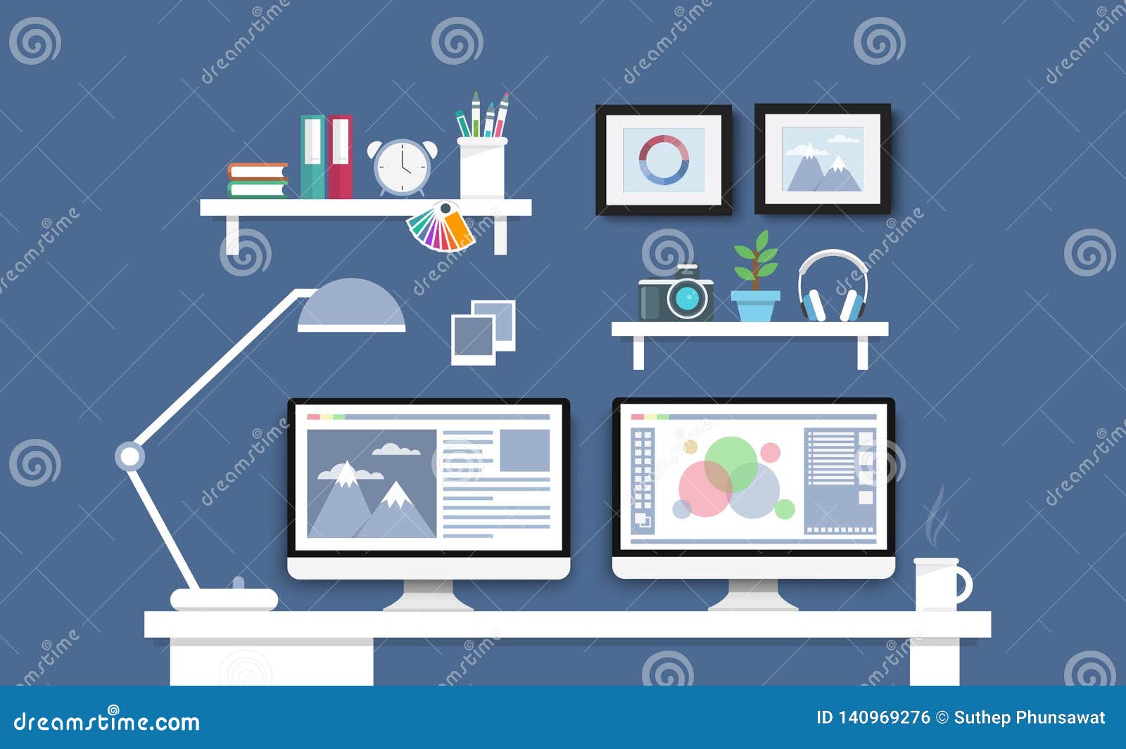Desk with Computer Set, Documents and Stationery. Workplace for the ...