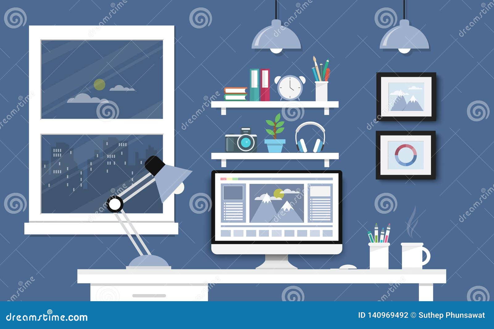 Desk with Computer Set, Documents and Stationery. Workplace for the ...