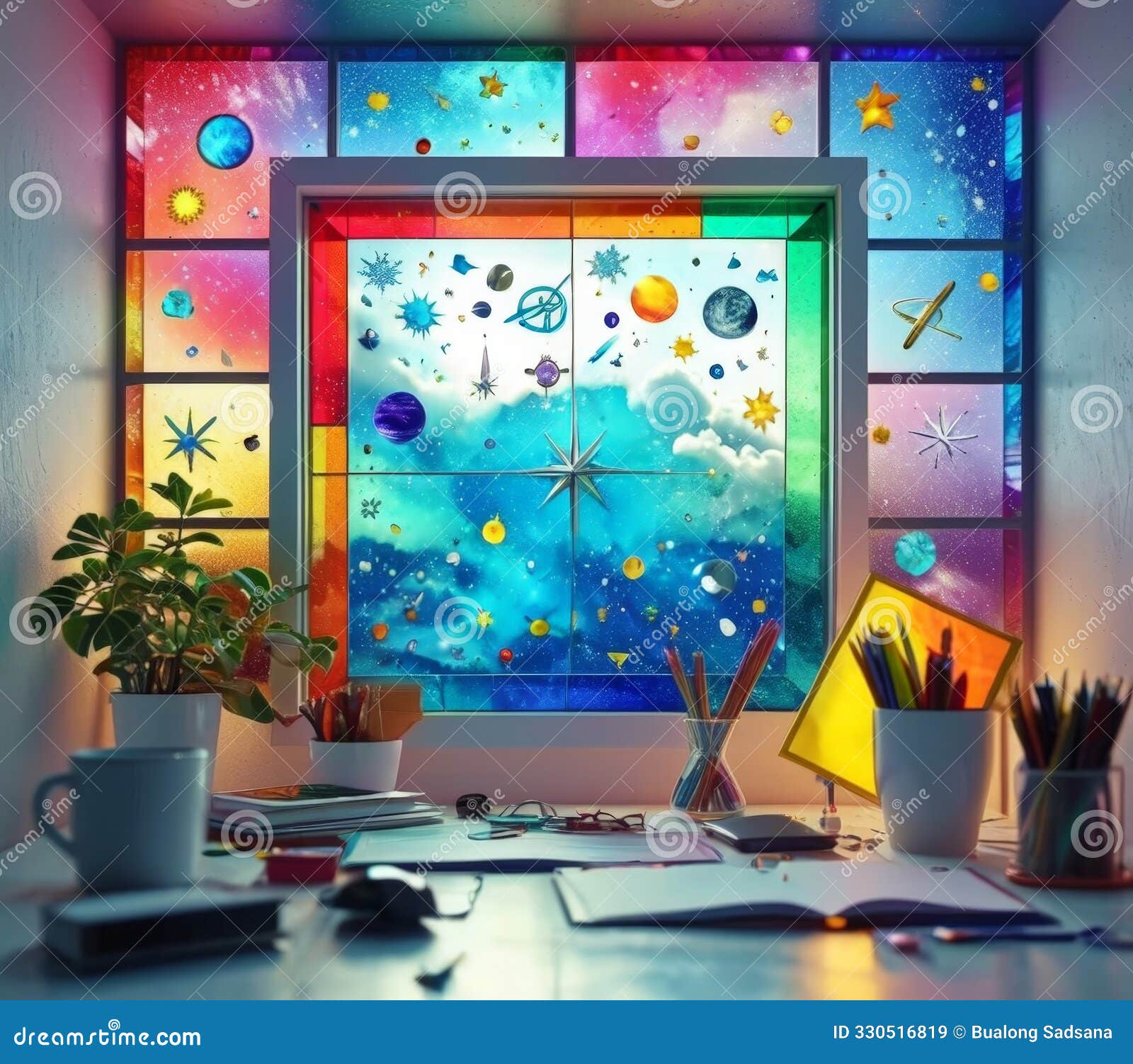 Desk with Computer and Window Planets Stock Illustration - Illustration ...