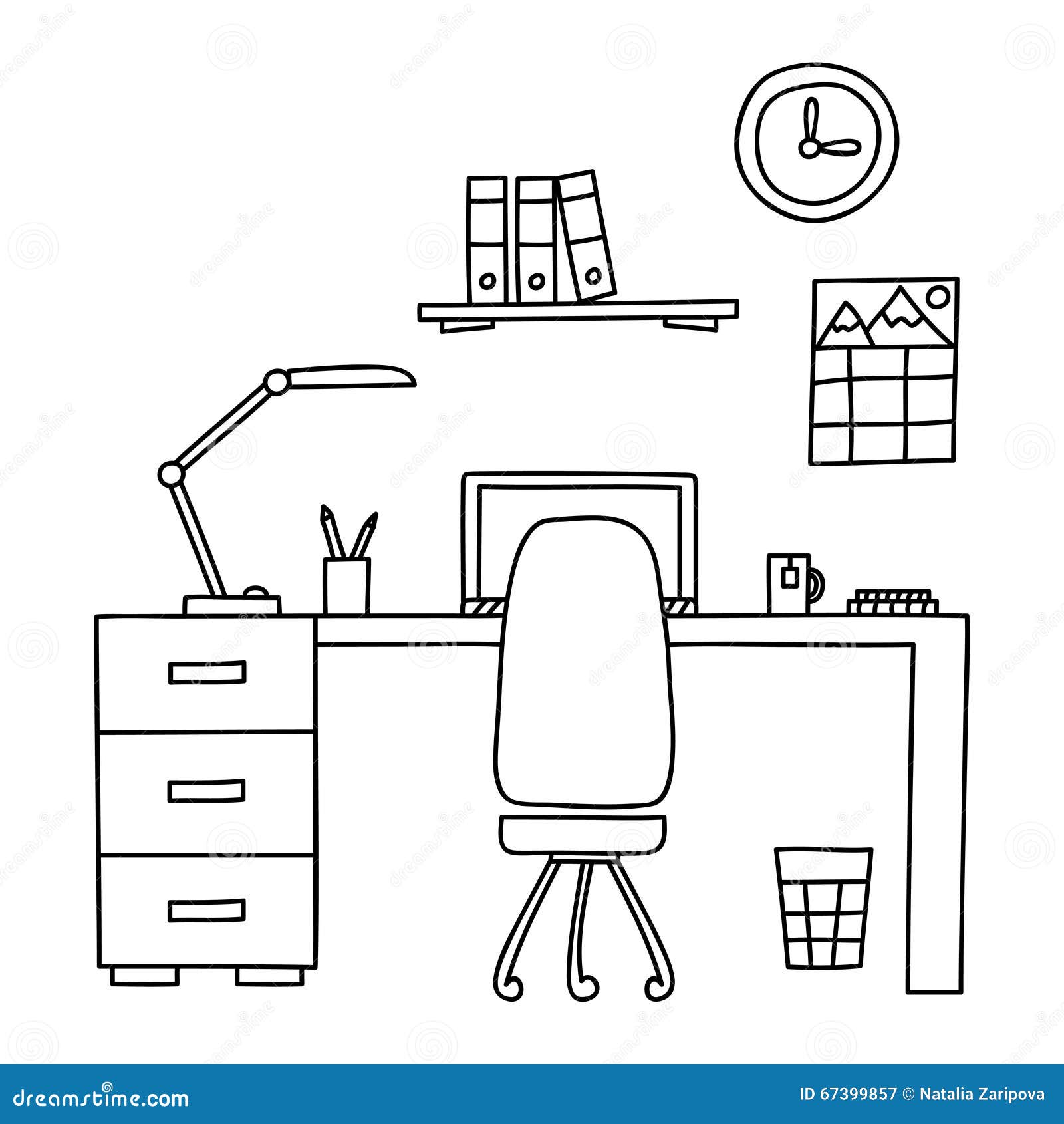 Desk with a Computer or Workplace in Office Drawn by Hand Doodle Style ...