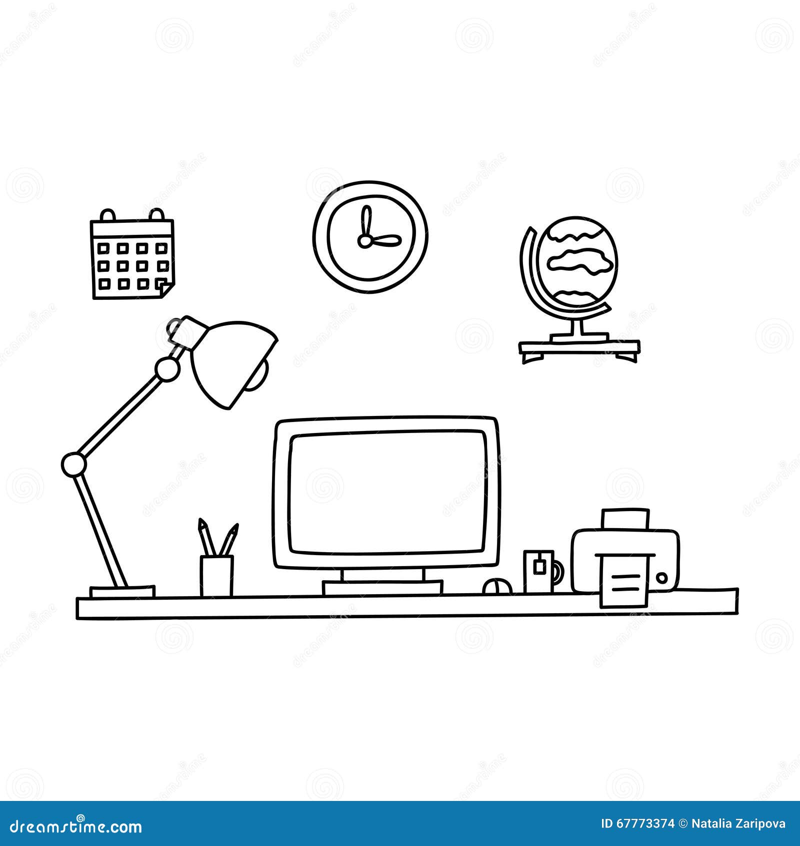 Desk with a Computer or Workplace in Office Drawn by Hand Doodle Style ...