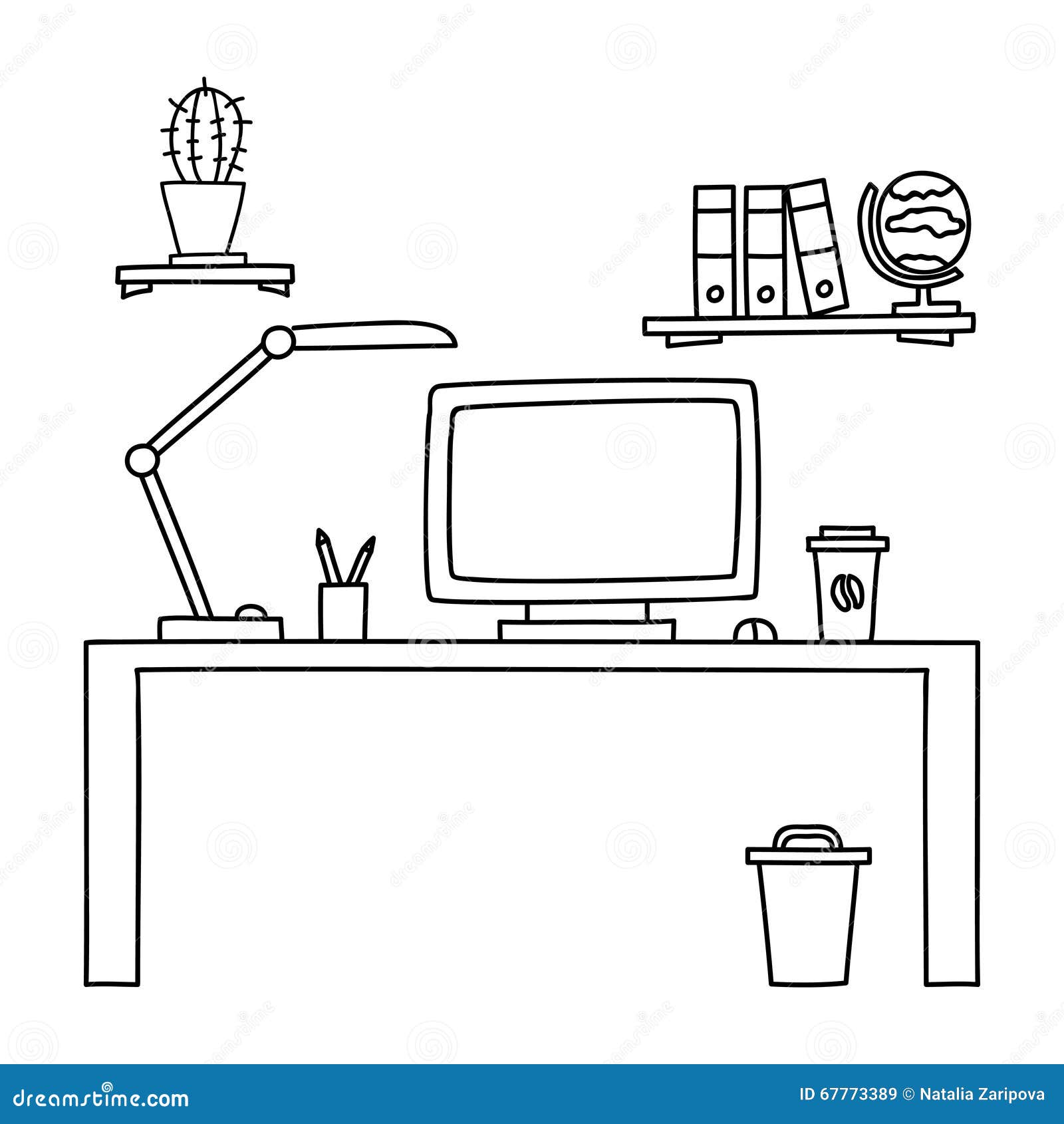 Desk with a Computer or Workplace in Office Drawn by Hand Doodle Style ...