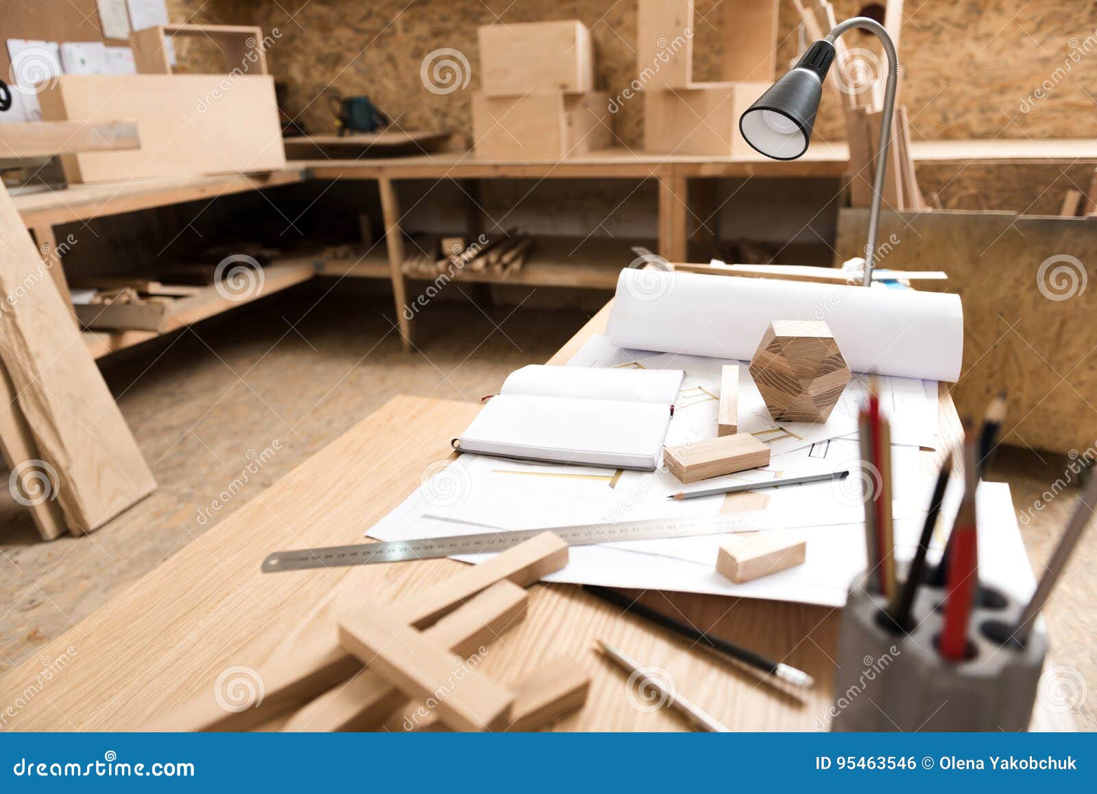 Desk with Different Instruments on it in Workshop Stock Photo - Image ...