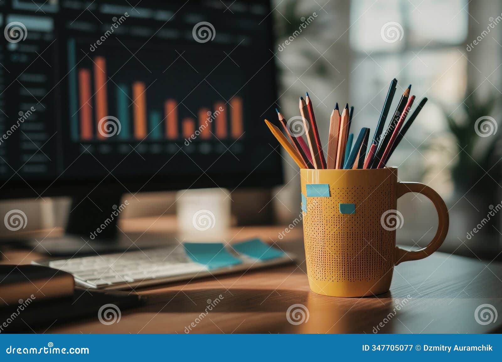 The Desk is Disorganized with Notes and Office Items, Indicating an ...
