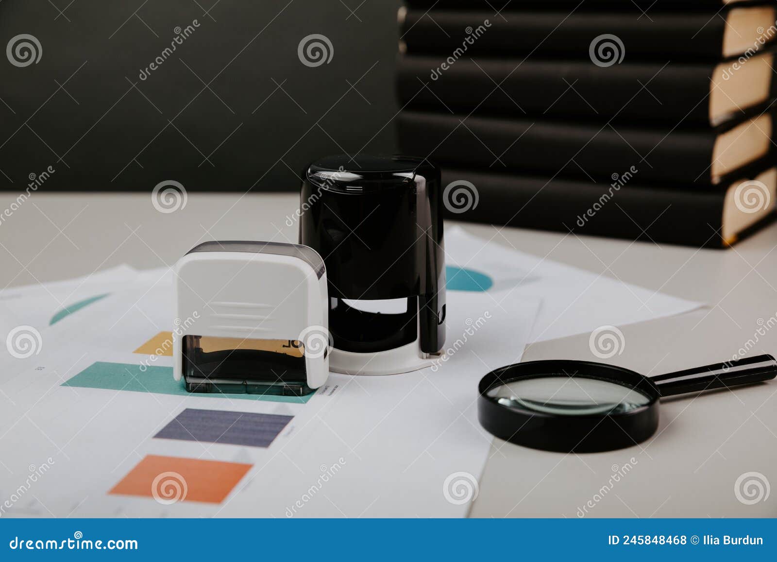 Desk with Documents with Charts and Stamps. Office Tools Stock Photo ...