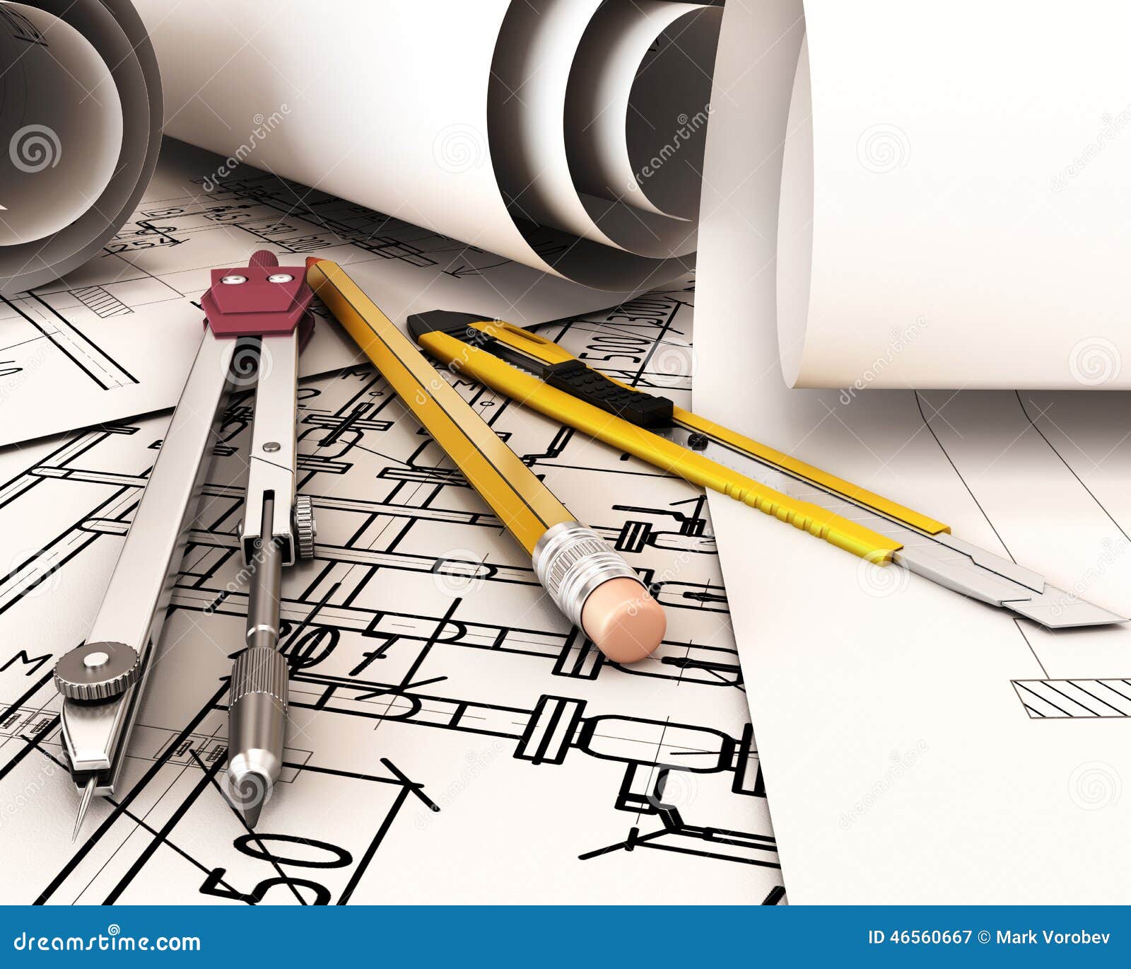 Scrolls Of Engineering Drawings. Render On A White Back Stock ...