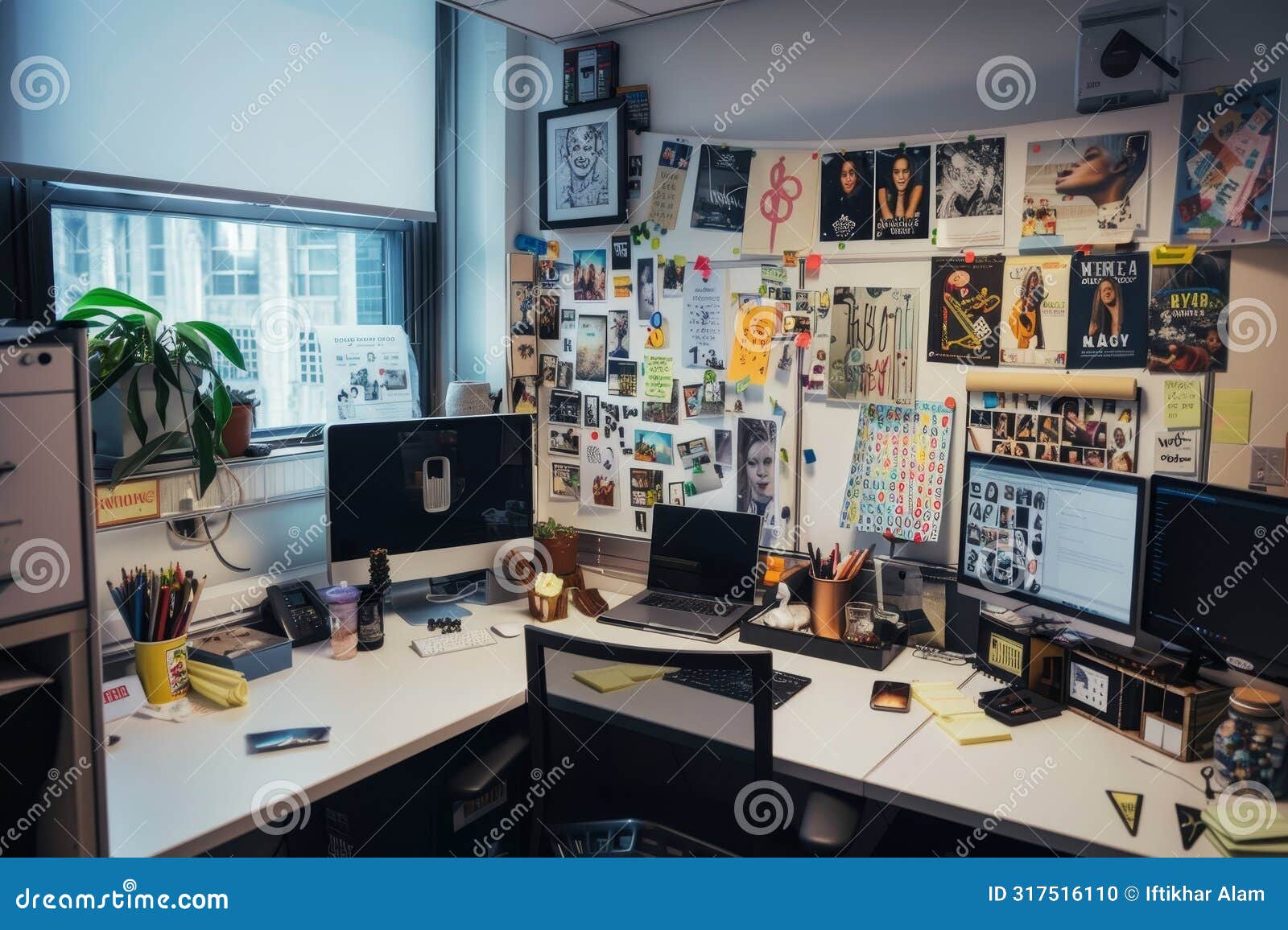 A Desk Featuring Two Computer Monitors and a Keyboard, Surrounded by ...