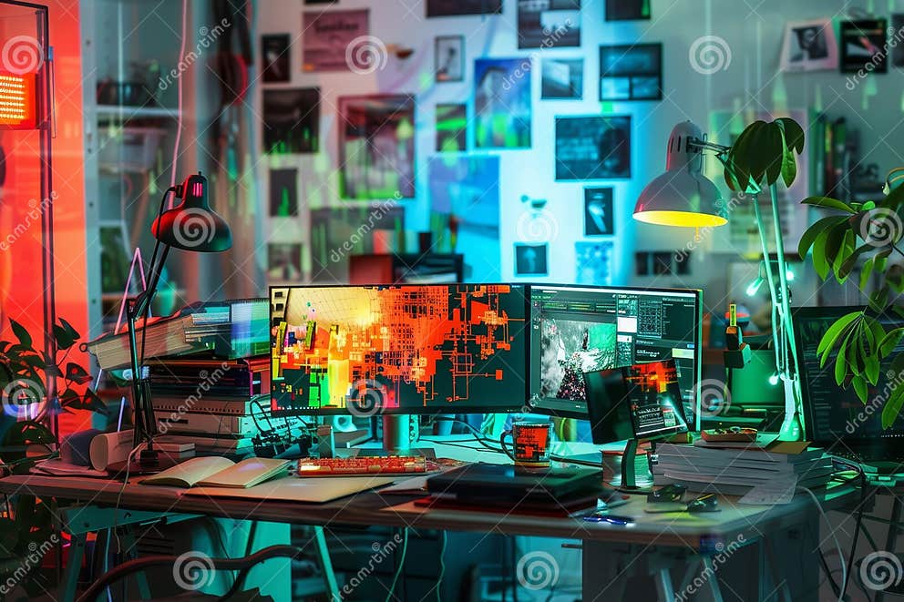 Desk Featuring Two Monitors and a Keyboard for a Productive Workspace ... Desk Featuring Two Monitors and a Keyboard for a Productive Workspace ...