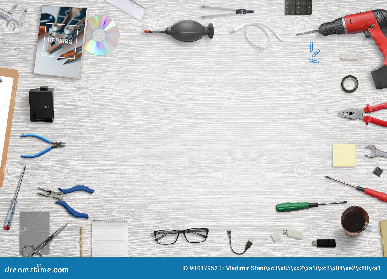 Desk for Fix, Repair, Maintenance Electronic Devices. Top View with ...