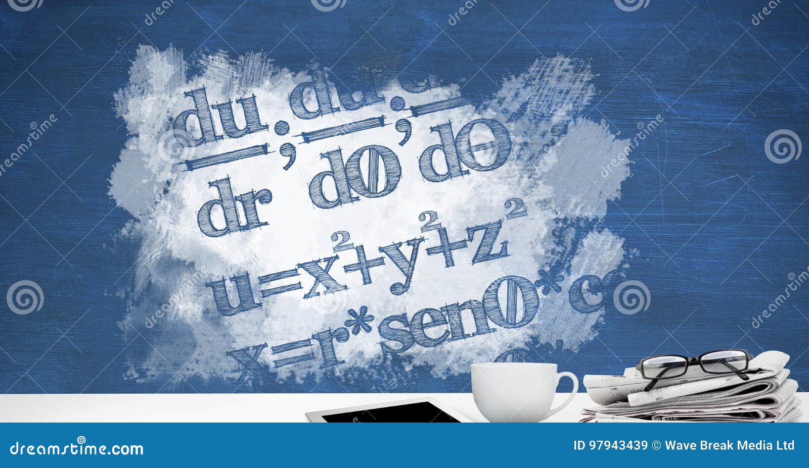 Desk Foreground with Blackboard Graphics of Math Equations Stock Image ...