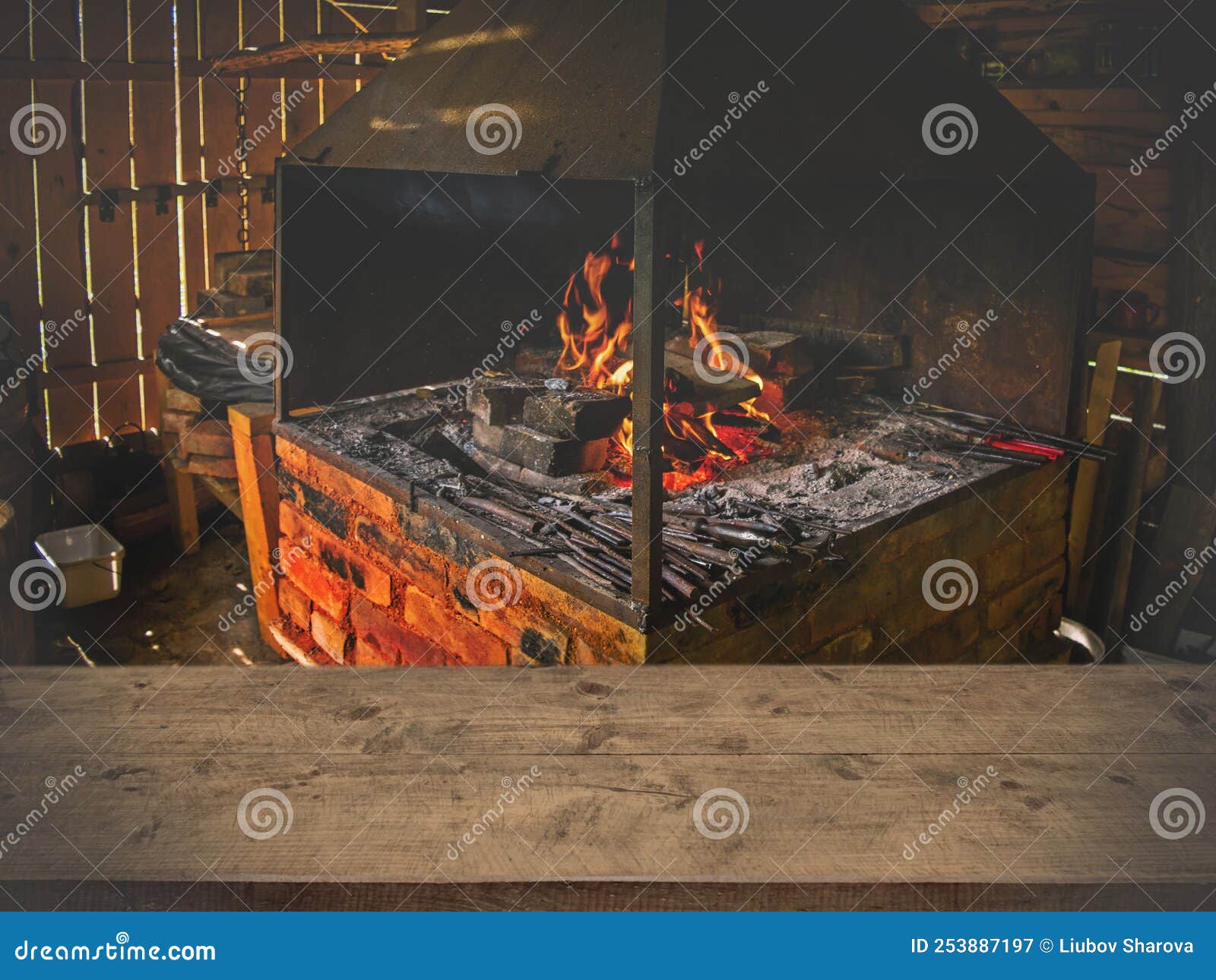 Desk of Free Space and Workshop. Interior of an Old Forge. Bright Fire ...