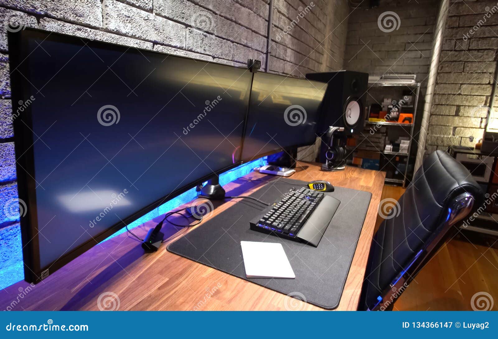 Desk Gamer with Two Monitors. Design Stock Image - Image of gadget ...