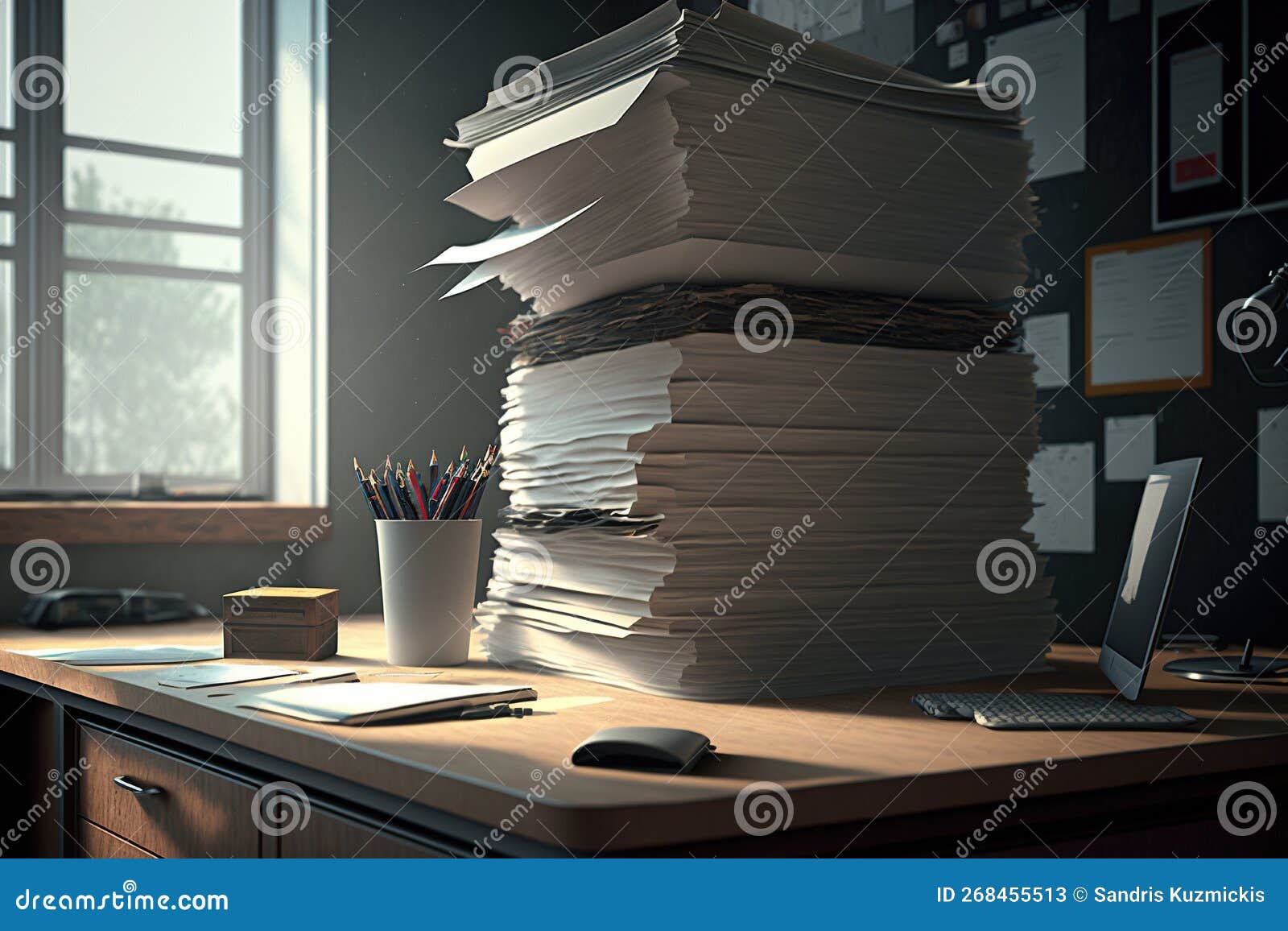 A Desk with a Giant Pile of Paperwork Stack. Generative AI Stock ...