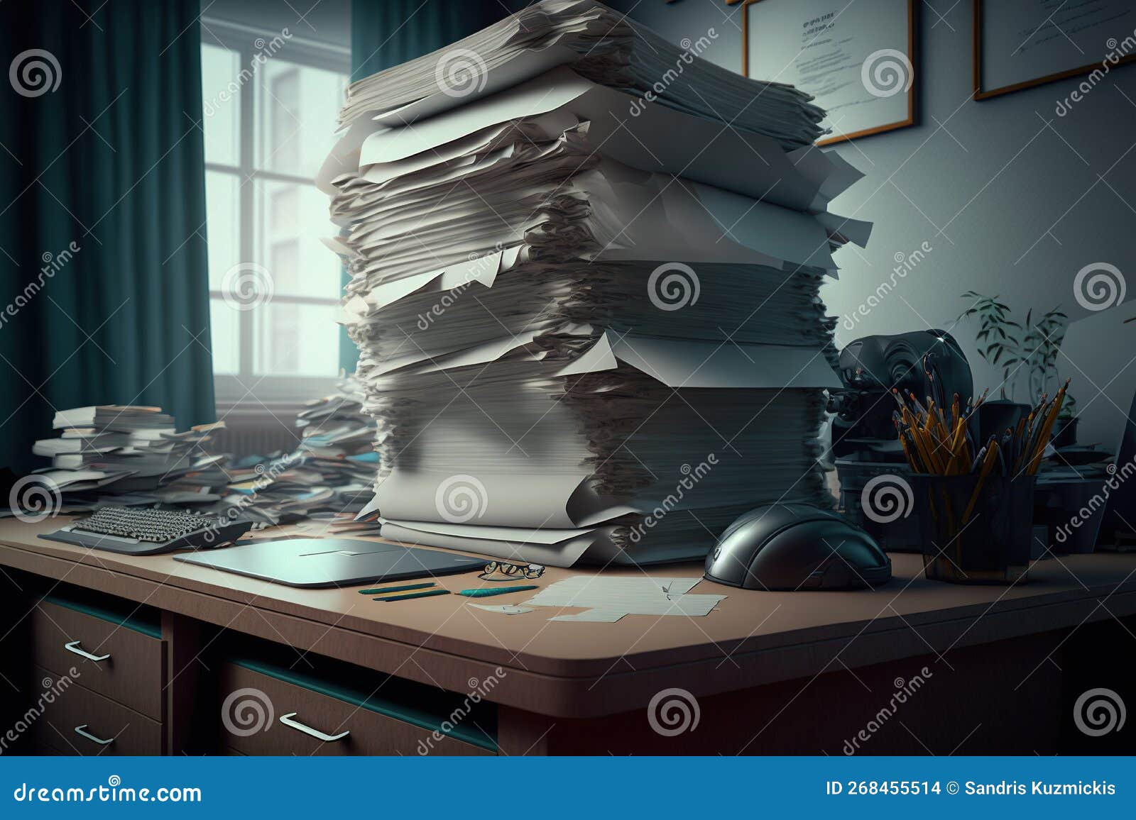 A Desk with a Giant Pile of Paperwork Stack. Generative AI Stock ...